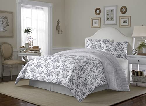 Laura Ashley Home - King Comforter Set, Reversible Cotton Bedding, Includes Matching Shams with Bonus Euro Shams & Throw Pillows (Annalise Grey, King)