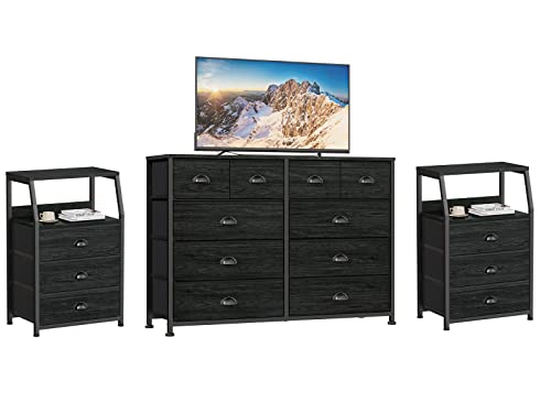 Furnulem 10 Drawer Dresser for Bedroom, Chest of Drawer for 55'' Long TV Stand, Small Nightstand with 3 Fabric Storage Drawers and 2-Tier Shelf