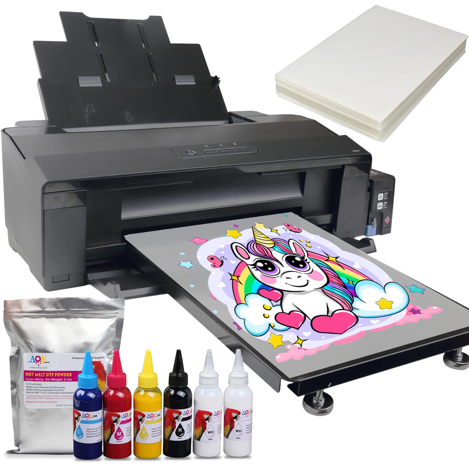 A3+ Printer Width 13inch DTF Printer Machine Direct Transfer Film L1800 Converted for DIY Print T-Shirts/Hoodie/BGS/Pillow etc. (6X 100ml Ink+100pcs PET Film+Powder