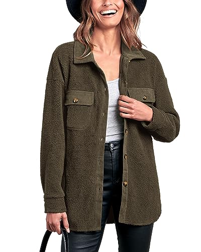 BTFBM Women's 2023 Fall Winter Button Down Shirts Sherpa Jacket Warm Long Sleeve Outerwear Faux Fur Shacket with Pockets(Solid Army Green, X-Large)