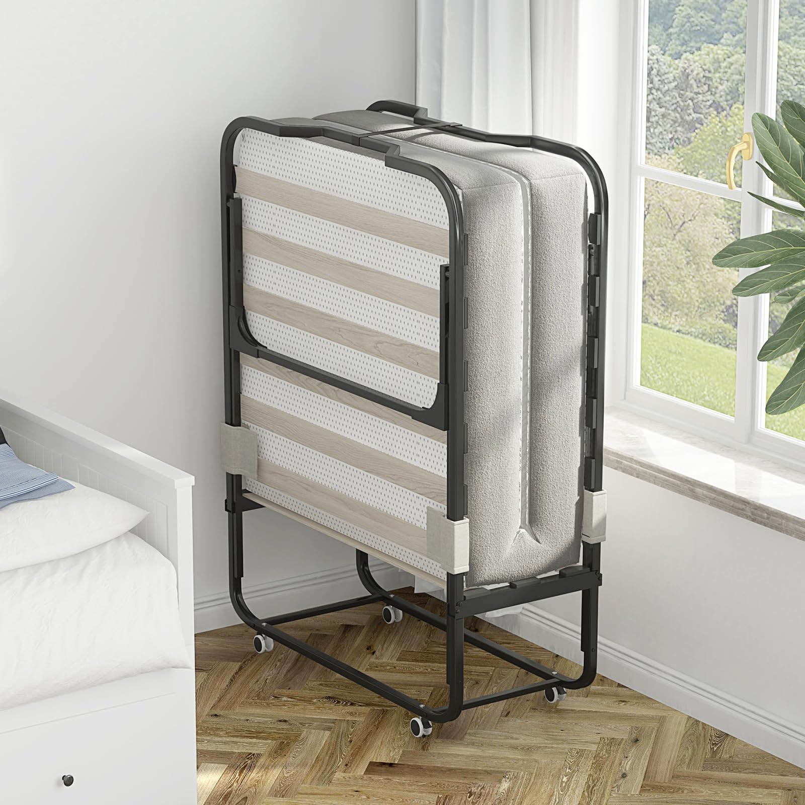 PUREMIND Folding Bed with Mattress for Adults,Twin Size Rollaway Bed with 5'' Memory Foam Mattress, Portable Foldable Bed Fold Up Guest Bed with Dustproof Bag & Baffle (Upgrade with Cover)