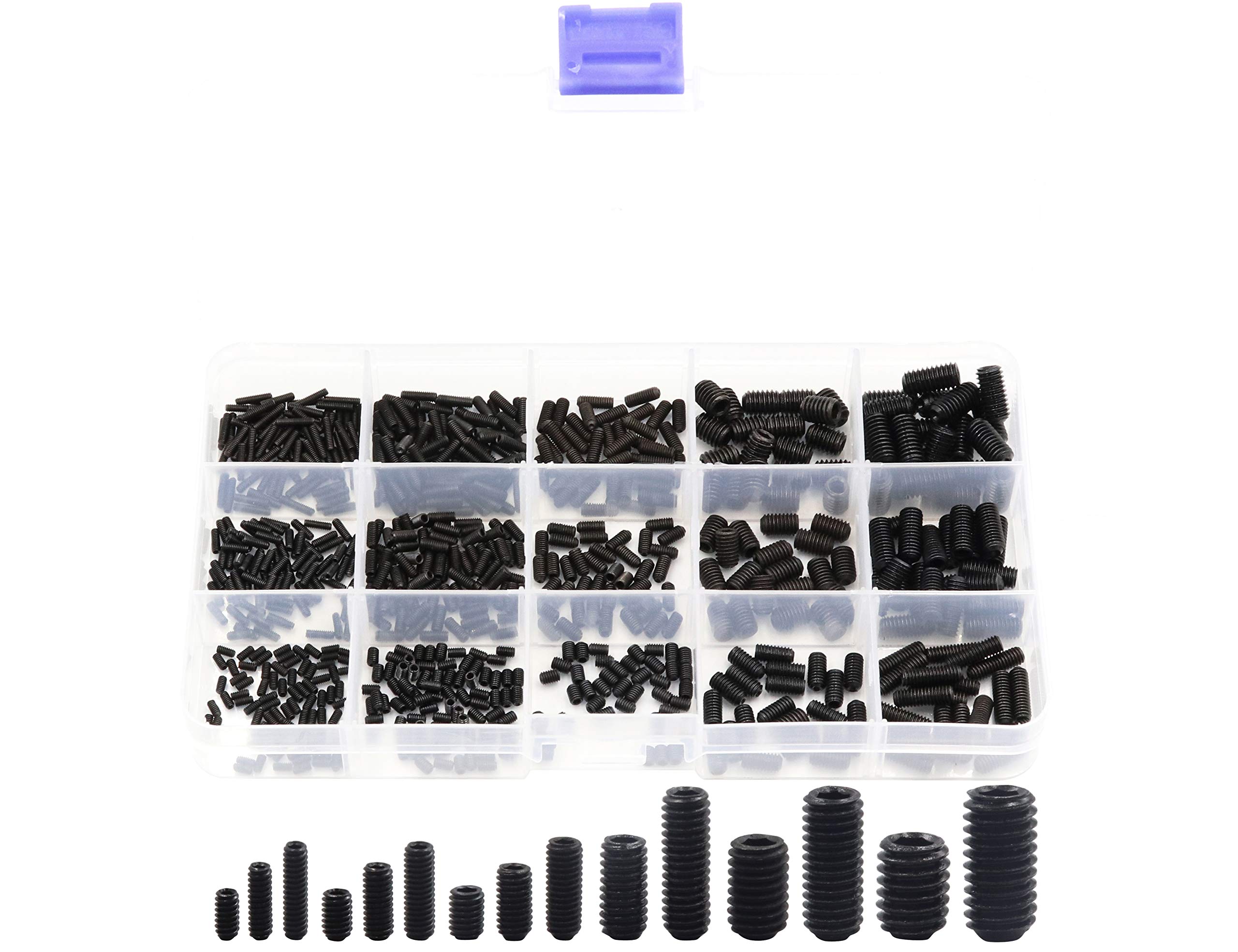 LBY 720pcs M2 M2.5 M3 M4 M5 M6 Internal Hex Drive Cup-Point Set Screws,Socket Head Cap Screws Grub Screws Assortment Kit 12 Sizes,Carbon Steel Black