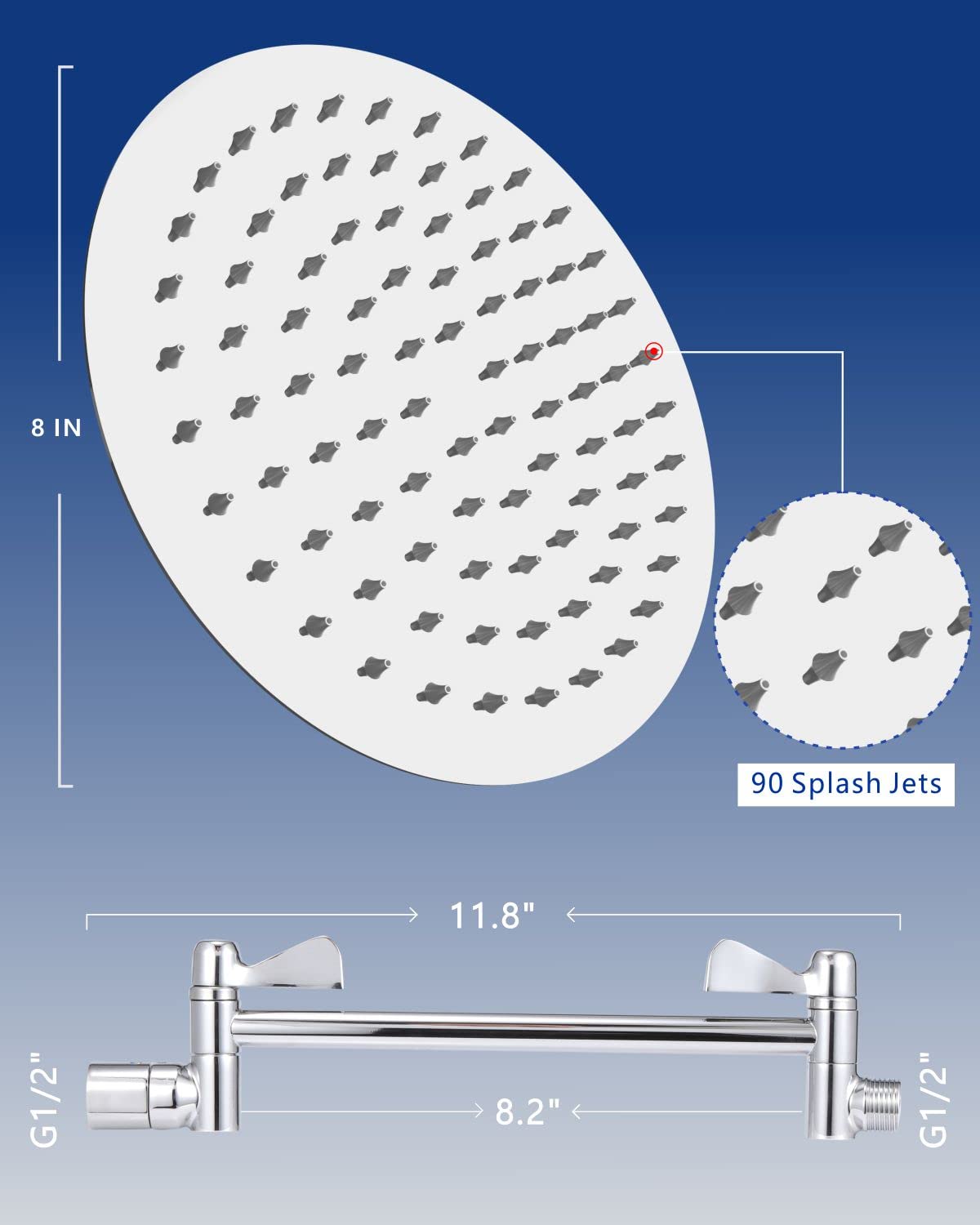 8'' Rain Shower Head with 11'' Adjustable Extension Arm - Eolax High Pressure Rainfall Showerhead Solve Low Water Pressure and Flow - Bathroom Fixed Shower Heads Made of 304 Stainless Steel - Chrome