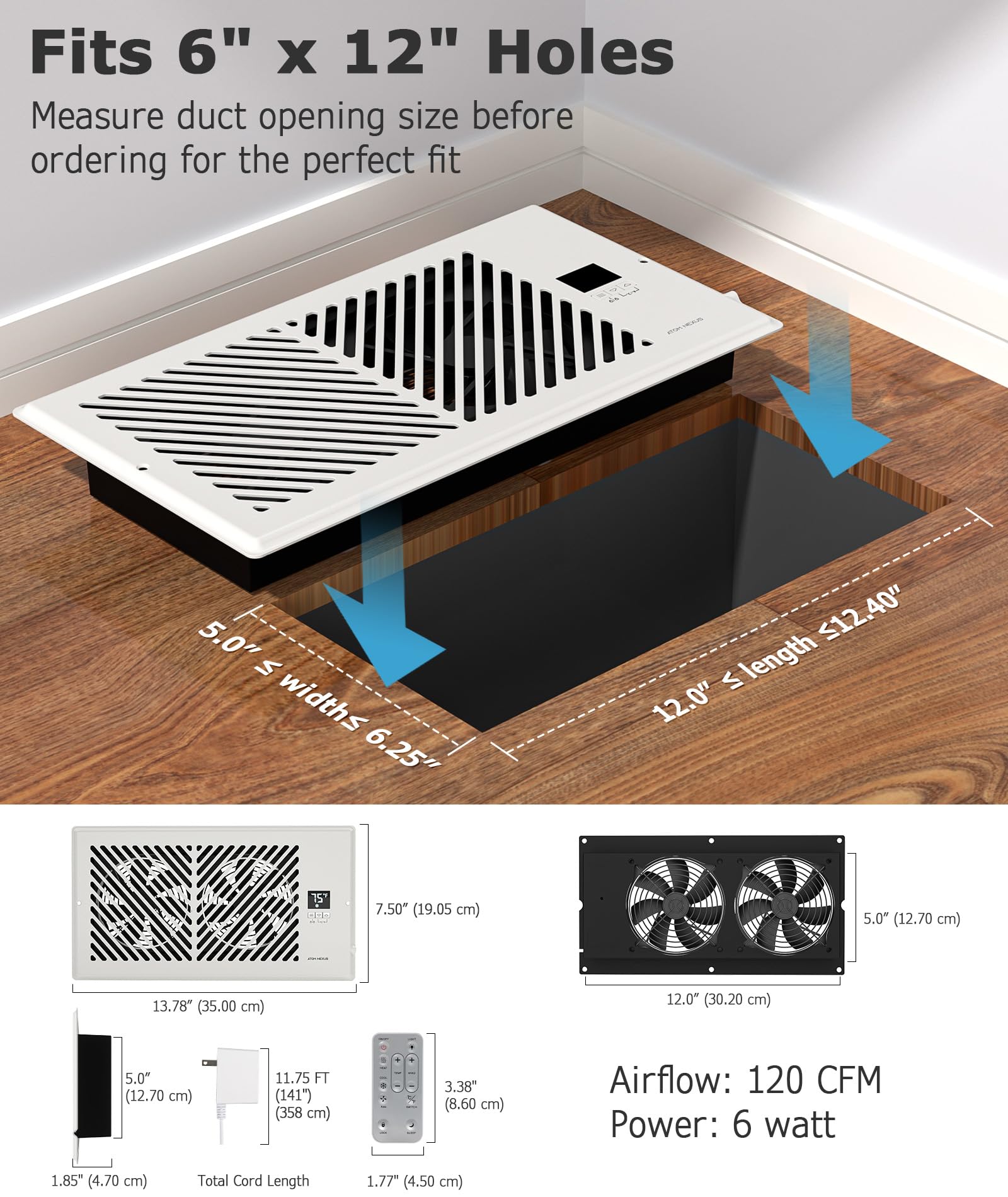 ATOM NEXUS AirBlaze Z6, Quiet Register Booster Fan Fits 6βx12β Register Holes, Smart Vent Booster Fan with Thermostat Control & Remote Control, 10-Speed Control Heating Cooling AC Vent Fan (White)