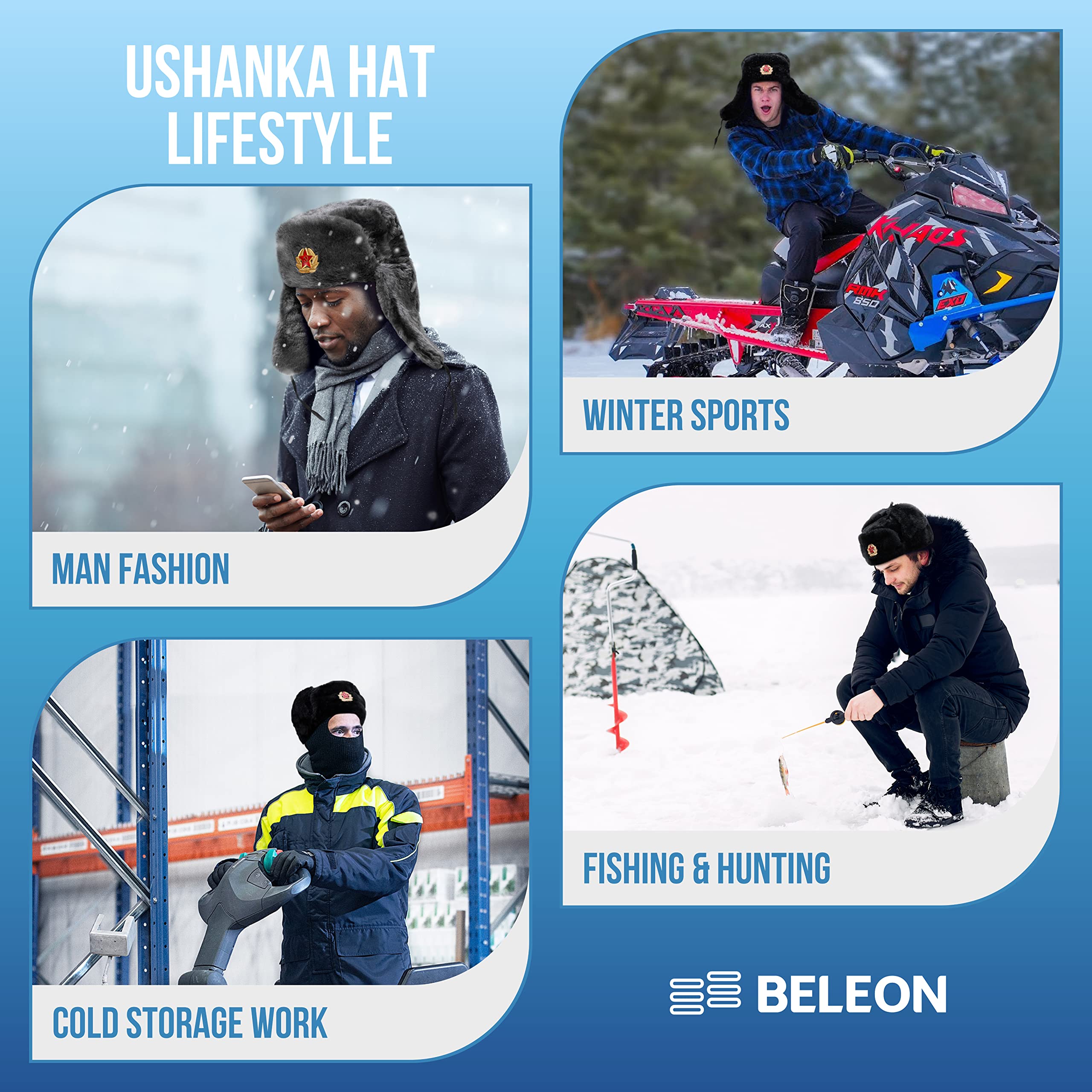 BELEON Ushanka Russian Fur Hat - Soviet Army Trapper Hat - Winter Hat