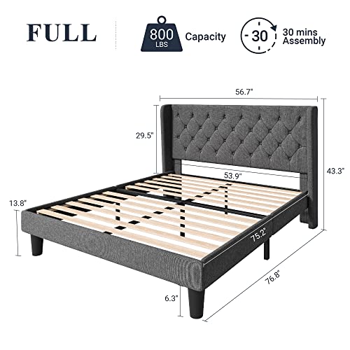 Allewie Full Size Bed Frame with Button Tufted Wingback Headboard, Modern Fabric Upholstered Platform Bed Frame with Strong Wood Slat Support, No Box Spring Needed, Easy Assembly, Dark Grey