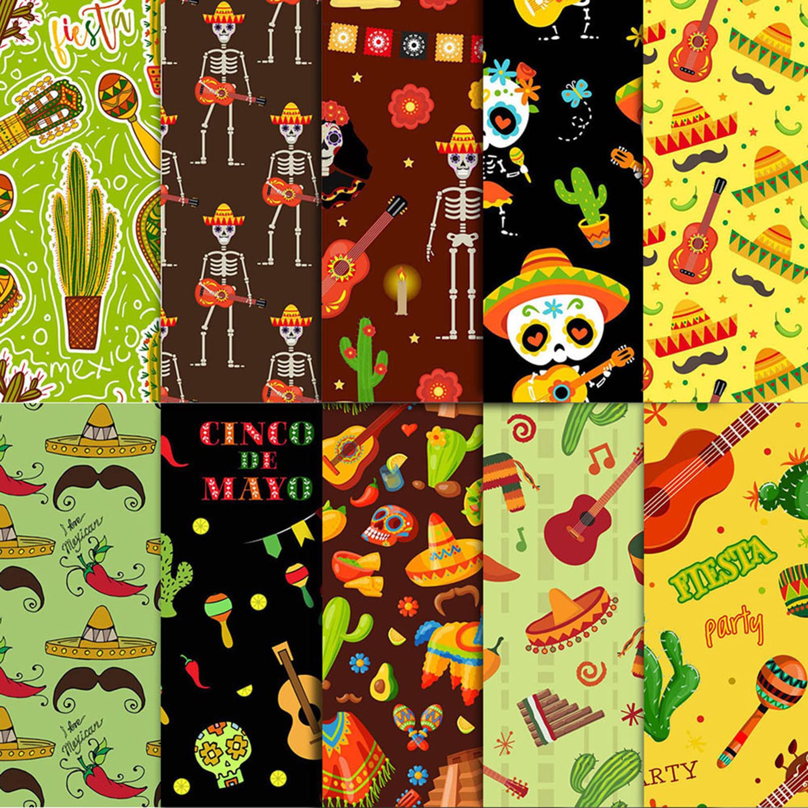 Gigicloud 10pcs Squares Quilting Fabric Bundles, Mexican Fiesta Theme Cotton Fabric Bundle Quilting Sewing Patchwork Cactus Guitar Donkey Printed Fat Quarters Bundle for DIY Sewing Quilting