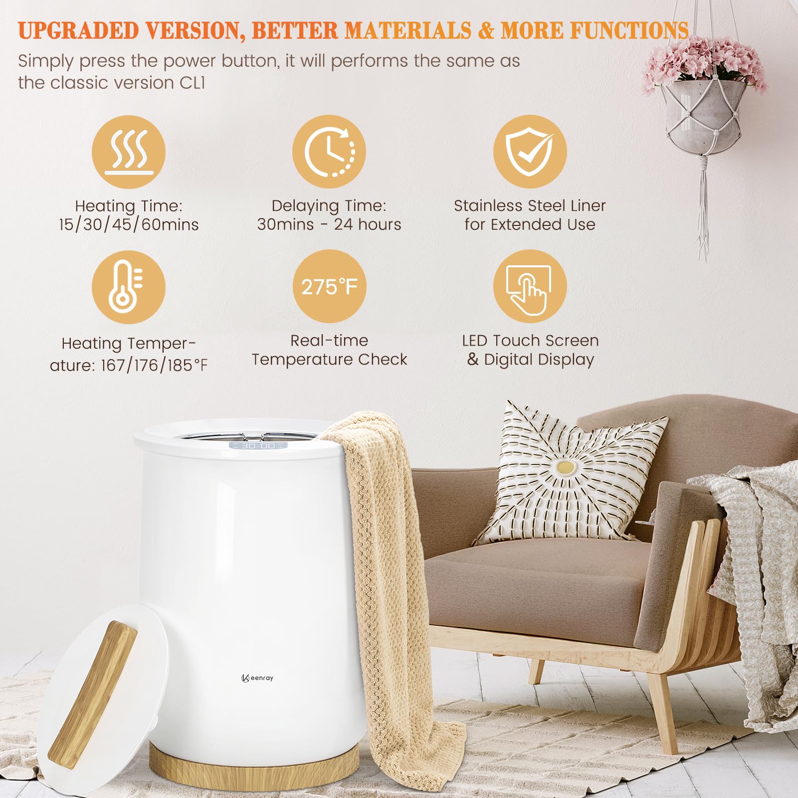 Keenray Upgraded Towel Warmer Bucket, Large Towel Warmer with 3 Heating Modes, Heat Time 30/45/60 Min Adjustable and Up to 24 Hour Delay Timer, Towel Heater for Oversize Bathrobes Blankets