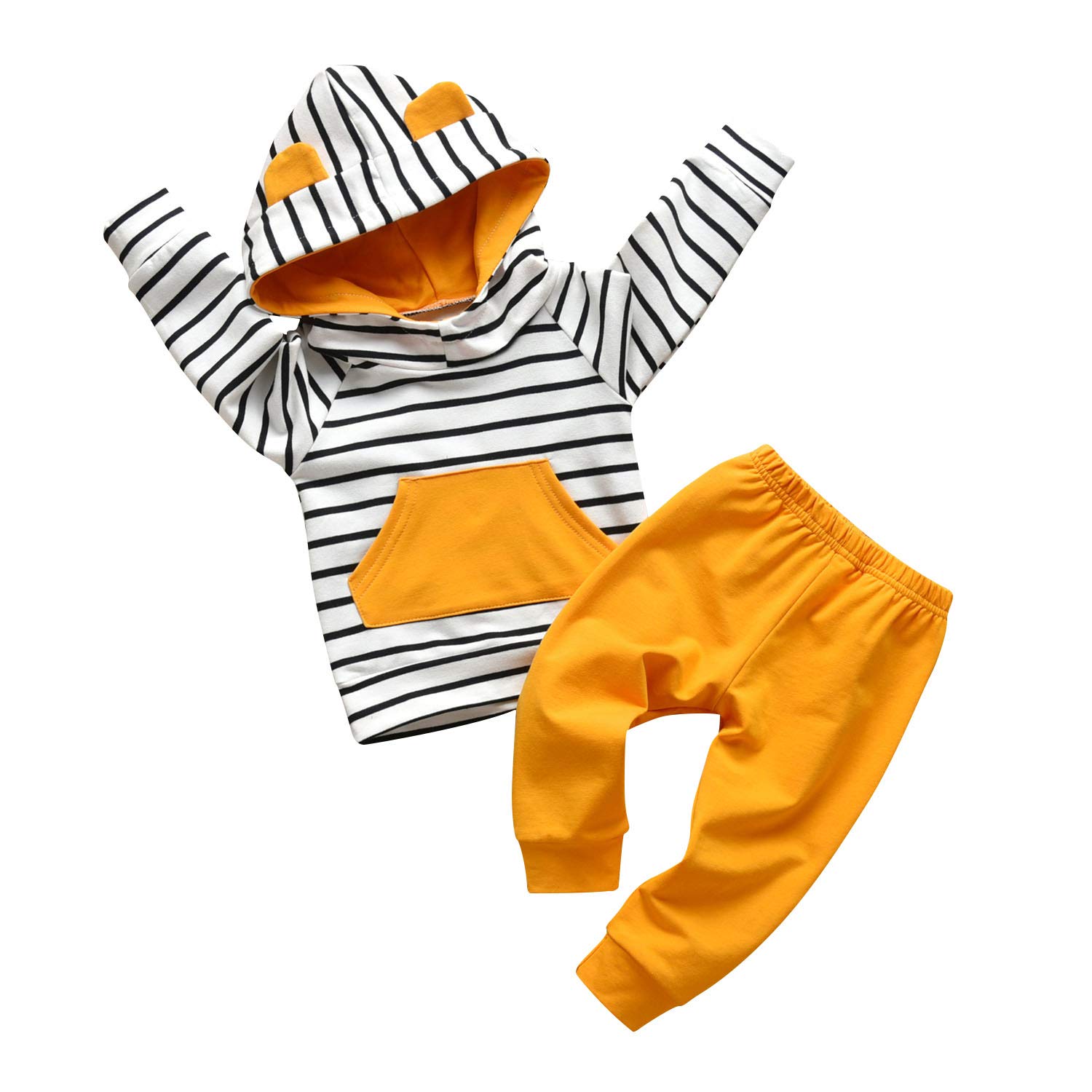 Rebey Toddler Infant Baby Boy Clothes Striped Long Sleeve Hoodie Tops Sweatsuit Pants Outfit Set (3-6 Months) Yellow