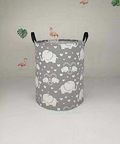 DUYIY 19.7 Inch Round Big Size Canvas Storage Basket with Handle Large Organizer Bins for Dirty Laundry Hamper Baby Toys Nursery Kids Clothes Gift Basket (heart elephant)