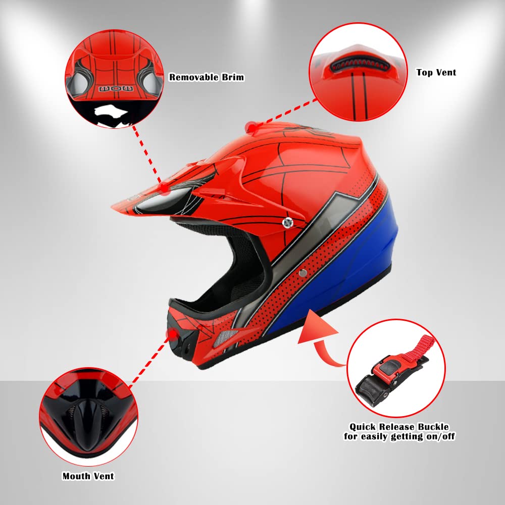 WOW Youth Kids Motocross Helmet BMX MX ATV Dirt Bike Helmet Spider Red + Goggles + MG Youth Red Glove Bundle