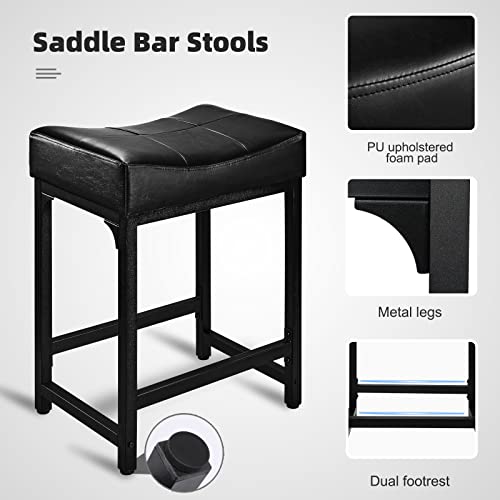 FLYZC Counter Height Bar Stools Set of 2, 24 Inch Stools for Kitchen Counter with Soft Cushion Bar Stools and Barstools Steel Frame, Black Saddle Stools for Kitchen Island Bar Support 300 LBS(Black)