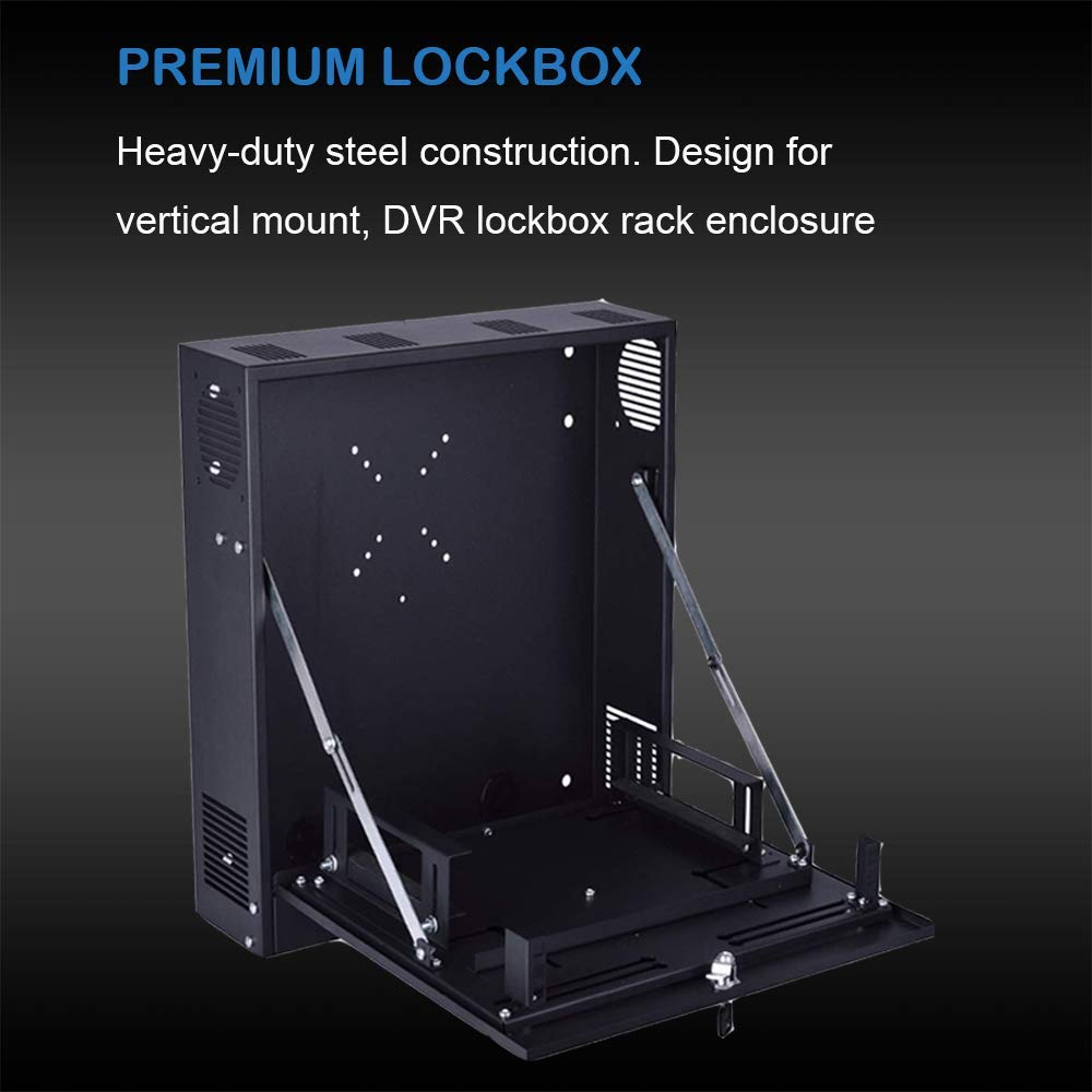 Kenuco Heavy Duty 16 Gauge Steel DVR Security Lockbox with Fan and Swing Open Top (18'' x 18'' x 5'' Black)