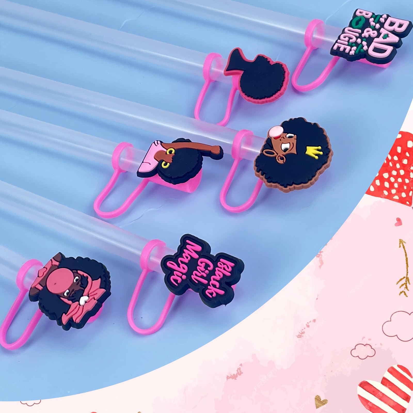 6Pcs Pink Black Girl Straw Covers Cap for Stanley Cup,Cute Silicone Straw Topper for 10mm Drinking Straw Tip Covers Stanley Cup Accessories