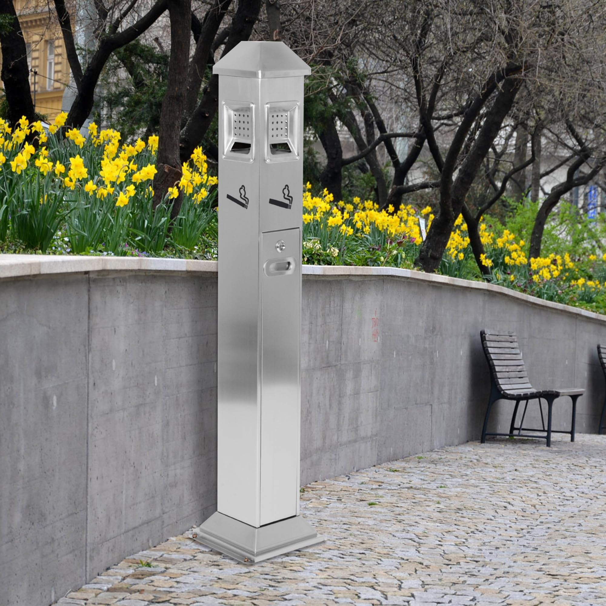 lukar Commercial Trash Receptacles Metal Trash Container Heavy Duty Trash Disposal Outdoor Vertical Trash Can for Patios Gardens Hotels Pubs Offices(Silver)