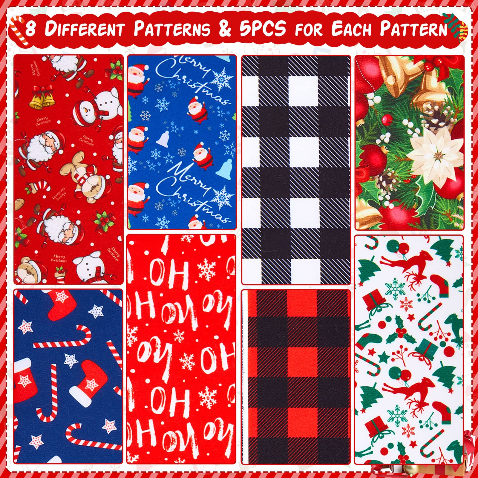 40 Pieces Christmas Jelly Fabric 2.6 x 40" Christmas Tree Santa Pattern Precut Fabric Quilting Strips Roll up Patchwork Cotton Fabric for Xmas DIY Sewing Handmade, 8 Styles