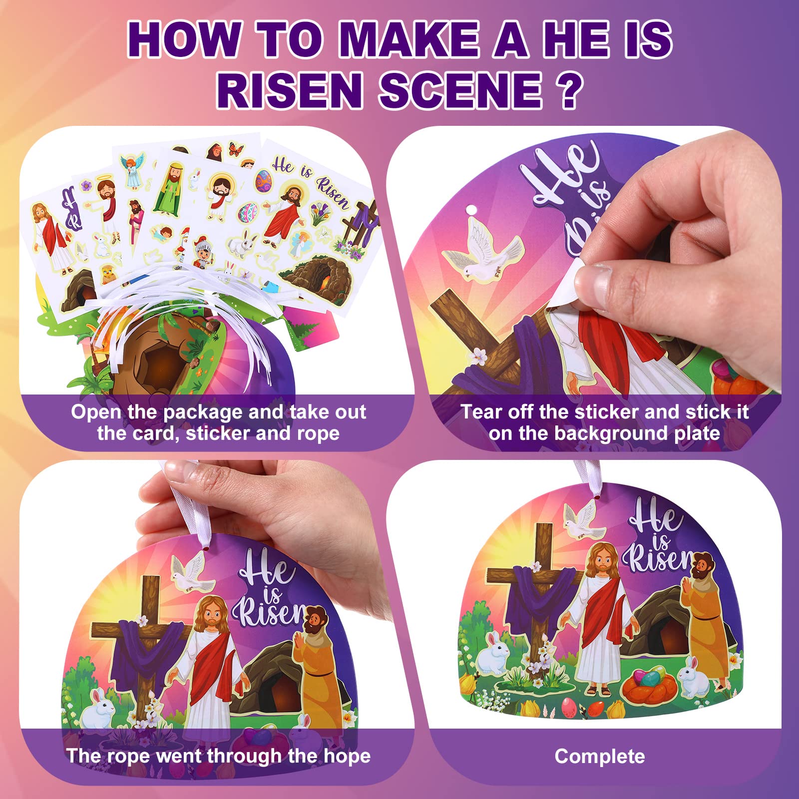 72 Sheets Easter Sticker He Lives Scenes Craft Kit with Rope for Kids Resurrection Stickers Jesus Cross He Is Risen Scene Sunday School Classroom Craft for Kid Party Game Easter Art DIY Project Supply