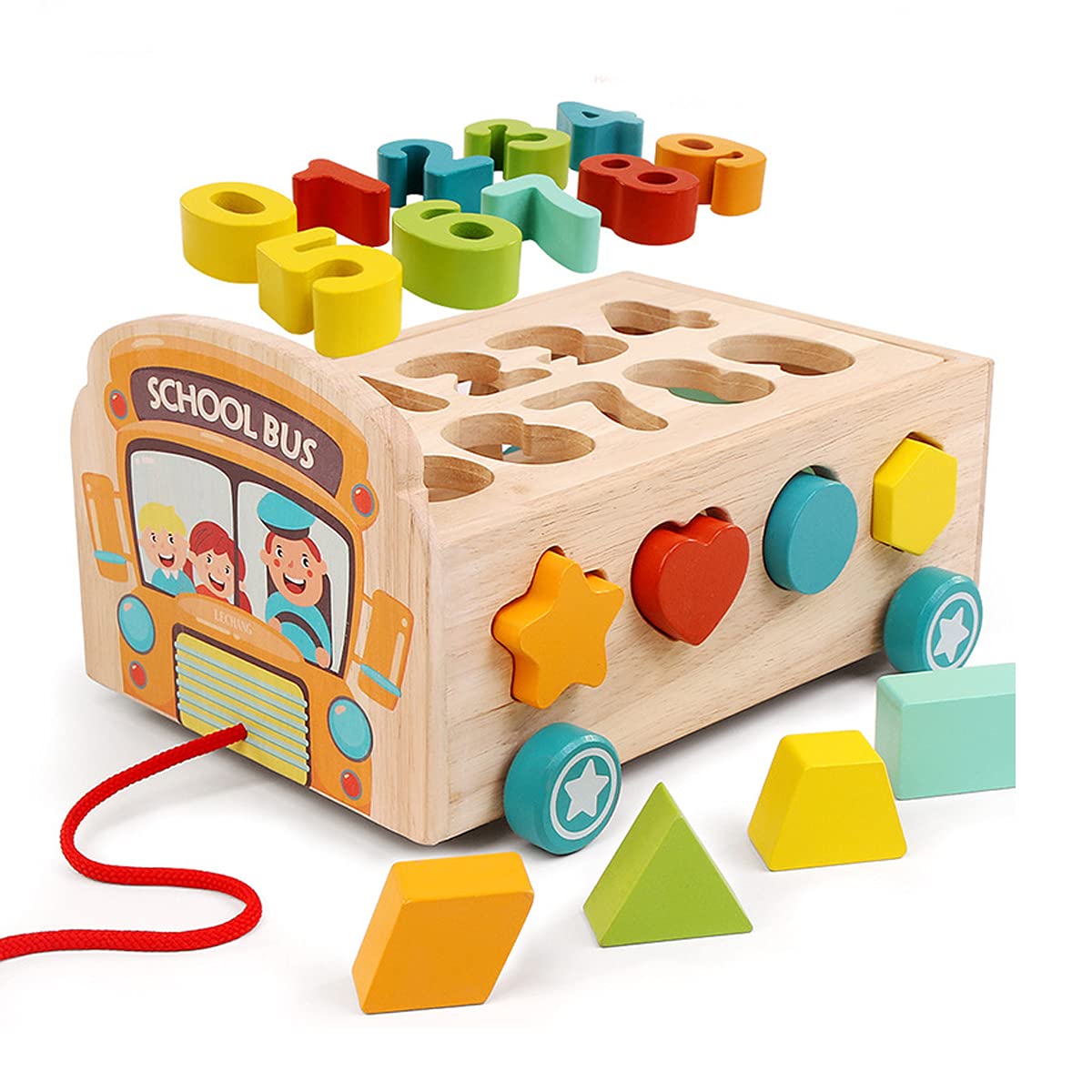 Classic Wooden Toddler Toy Age 2-4 Pulling Bus 123 Number Learning Shape Puzzle Sorting Match Game Montessori Sensory Material for Kids