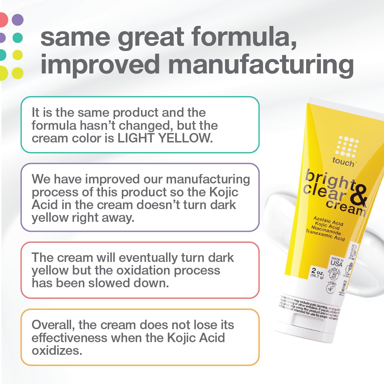 TOUCH Skin Bright Cream for Dark Spots on Face - Azelaic Acid with Kojic Acid, Tranexamic Acid, & Niacinamide β Age Spot, Sun Spot, and Melasma