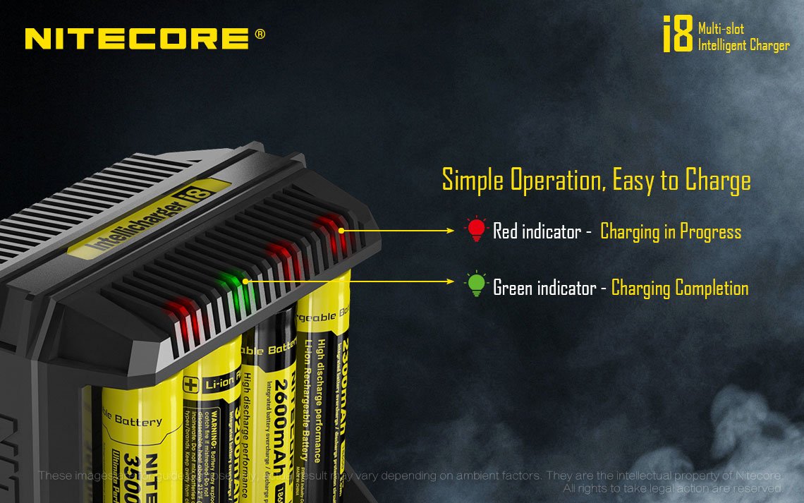 EdisonBright NITECORE i8 Eight Bays Smart Battery Charger for Li-ion/IMR/Ni-MH/Ni-Cd 26650 22650 18650 18490 18350 16340 RCR123 14500 AA AAA AAAA C D USB BBX3 Battery Carry case