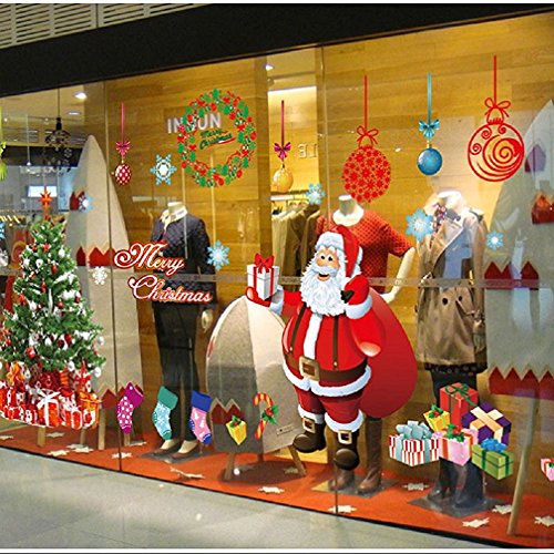 YULOONG Christmas Windows Static Stickers Clings Removable Vinyl Santa Claus Christmas Tree Snowman Snowflake Deer DIY Wall Window Door Mural Showcase Decal Sticker