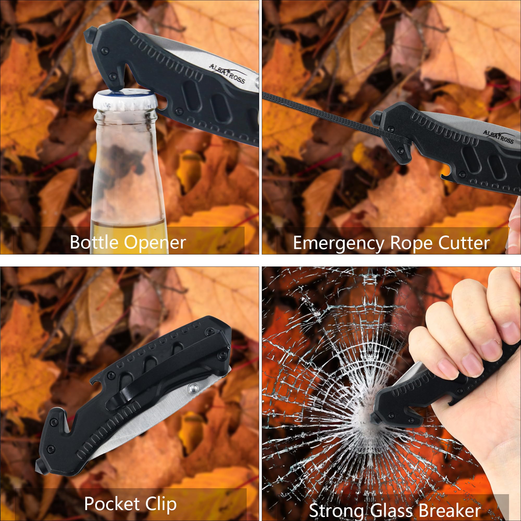 ALBATROSS Classic Multifunction Pocket Folding Knife with Bottle Opener、Glass Hammer and Rope Cutter, Satin Coated Blade and Aluminum Handle,AS-23265 (Black)