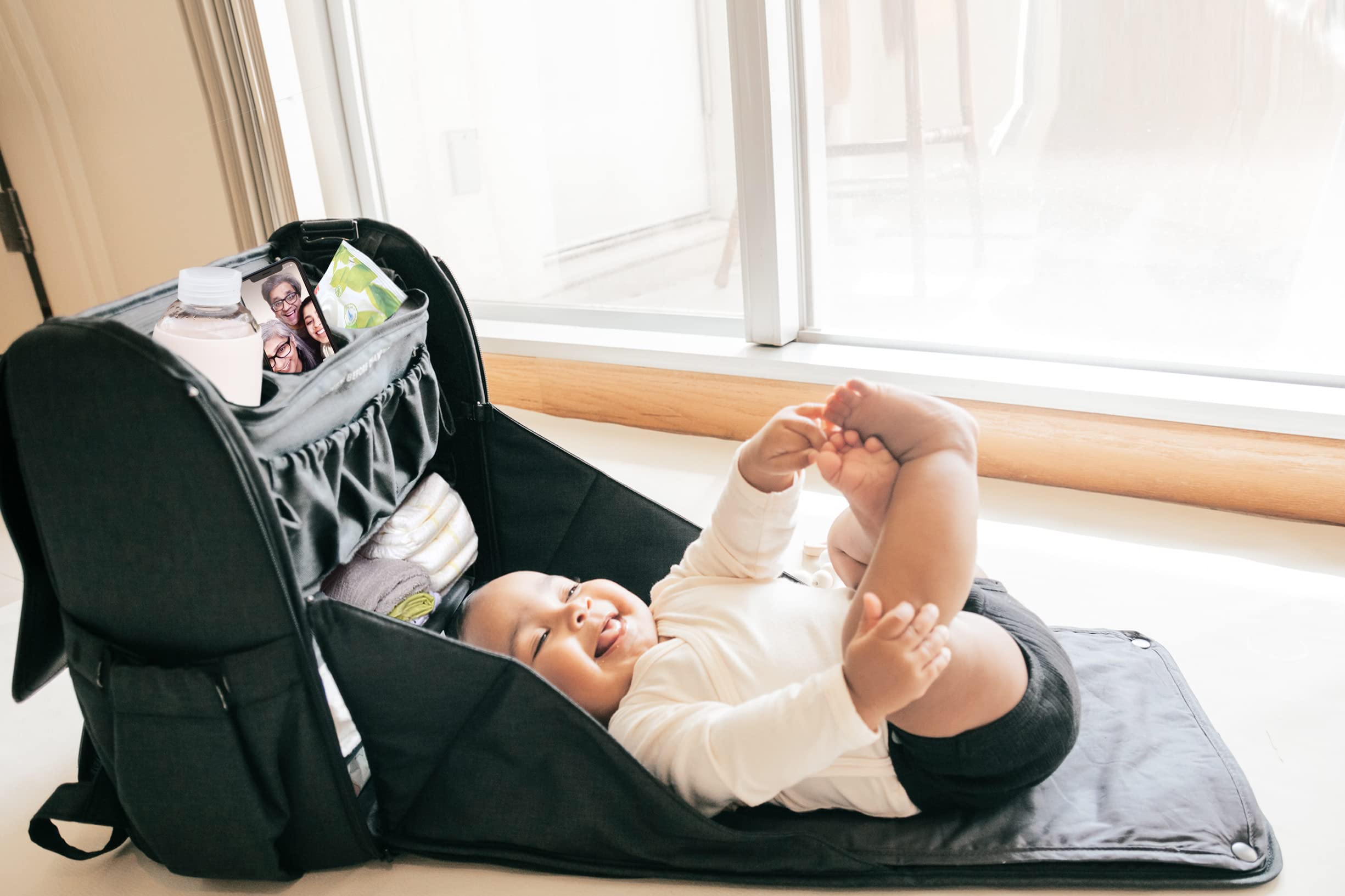 Lulyboo Diaper Bag Convertible Backpack, Full Open Cabinet and Padded Changing Station, Removable Caddy with Two Drink Holders and Angled Cell Phone Storage for Easy Viewing, Black