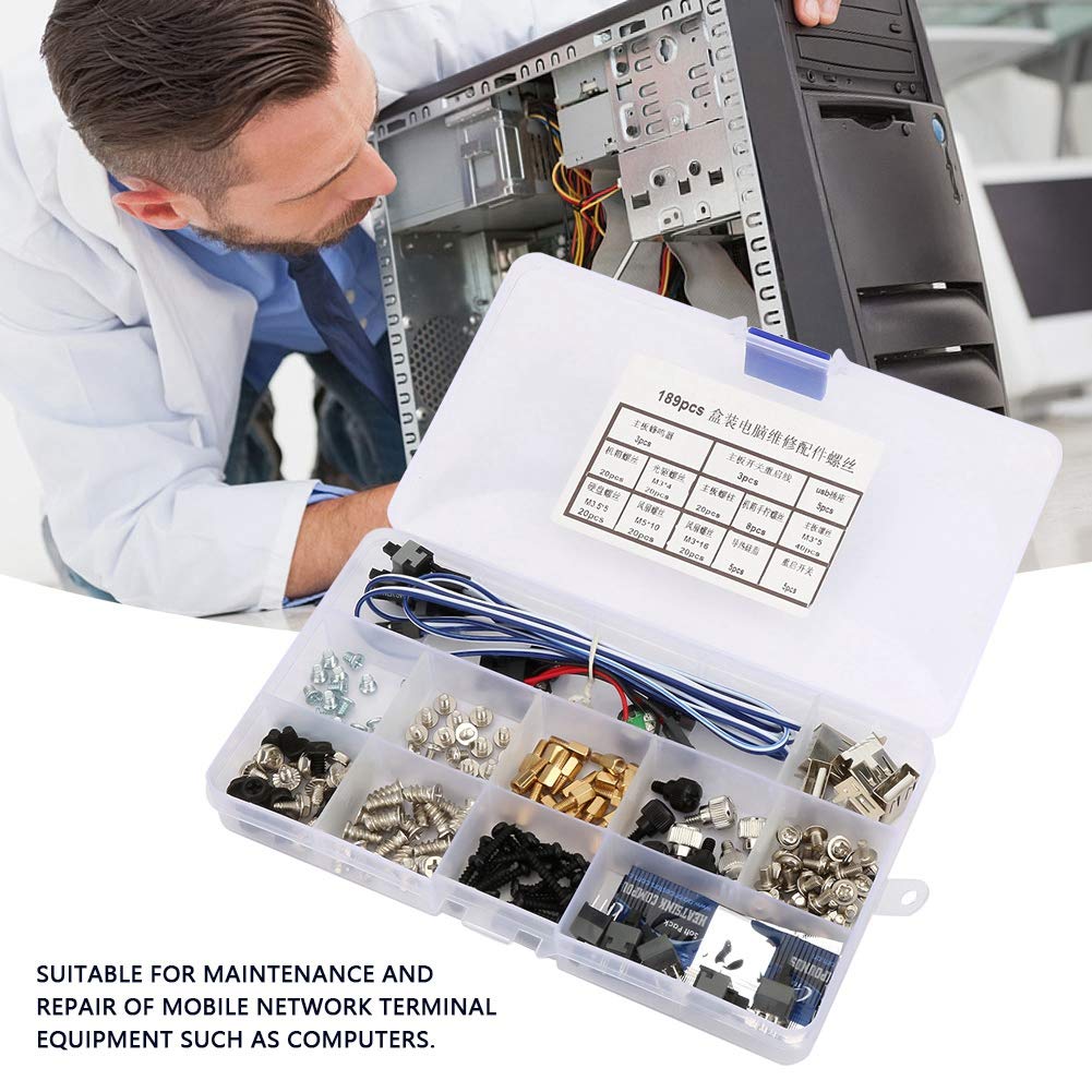 PC Computer Screws Assortment Kit, 189Pcs Motherboard Hard Disk Screws, PC Assortment Kit Computer Repairing Accessories, Durable for Hard Drive Computer Case Motherboard Fan Power