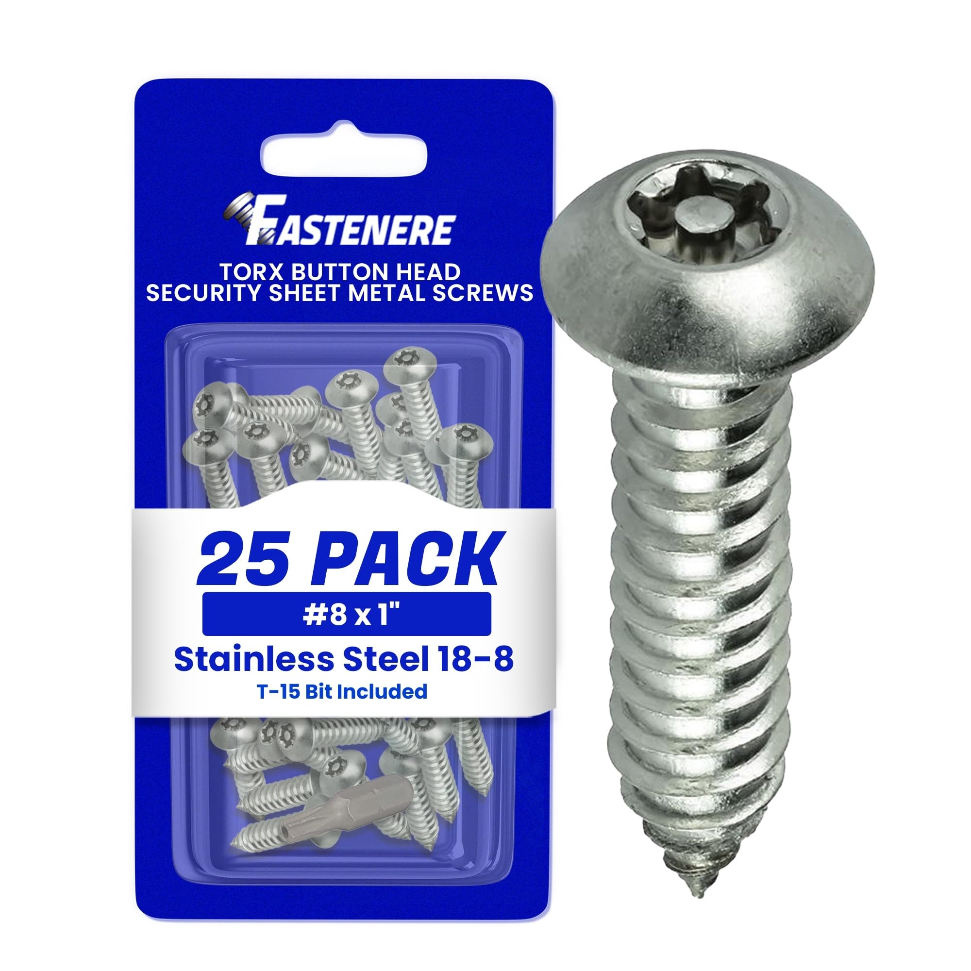 Fastenere Torx Security Sheet Metal Screws - #8 x 1" (25-Pack) Button Head, Tamper-Resistant, Anti Theft Stainless Steel Screws for Higher Level of Safety & Secure Fastening Solution