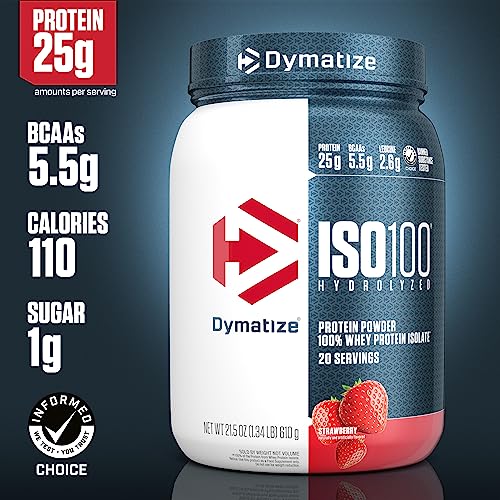Dymatize ISO100 Hydrolyzed Protein Powder, 100% Whey Isolate Protein, 25g of Protein, 5.5g BCAAs, Gluten Free, Fast Absorbing, Easy Digesting, Strawberry, 20 Servings