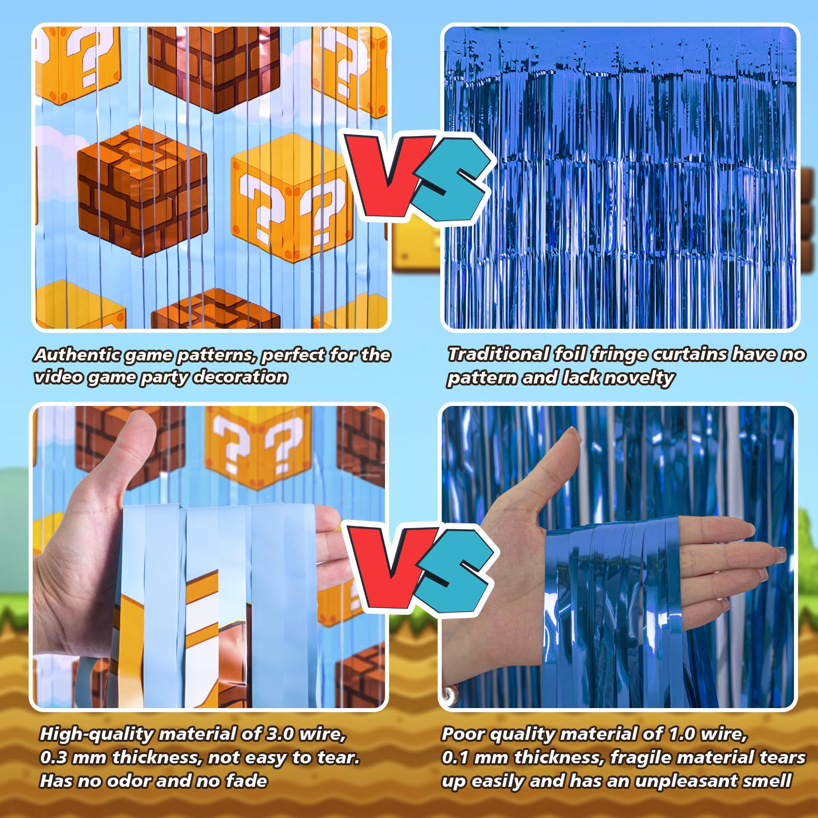 Bupelo Super Bros Birthday Party Supplies, 2 Pack Question & Brick Tinsel Foil Fringe Curtains, Super Game Themed Photo Booth Prop Party Backdrop, Super Bros Party Decorations Room Decor for Kids