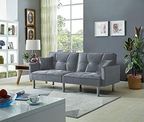 Legend Furniture Velvet Sofa Bed Sleeper with Pillow Sofabed, Grey