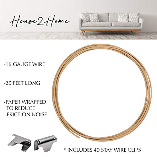 House2Home Upholstery Stay Wire for Sofa Furniture Springs, 20ft with 40 Clips, 16 Gauge, Includes Instructions