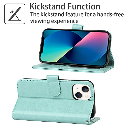 Cavor for iPhone 13 Wallet Case with Card Holder,Protective PU Leather Flip Folio Phone Case[Stand Feature] Wrist Strap [Shockproof TPU] Magnetic Closure Wallet Case-Green