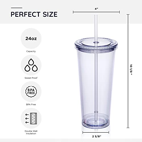 Zephyr Canyon 24oz Double Wall Plastic Tumblers with Lids and Straws | Large Classic Travel Tumbler | 4 Pack Set of 4 | Clear Reusable Cups with Straws | BPA Free