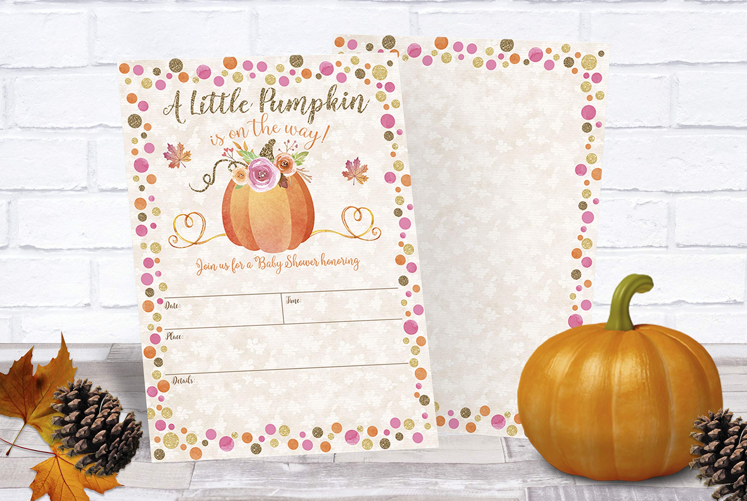 Pumpkin Fall Baby Shower Invitations, A7 Size Envelopes Included, Premium Heavy-weight Card Stock, Two Sided, Autumn Floral Design, 20 Count Pack