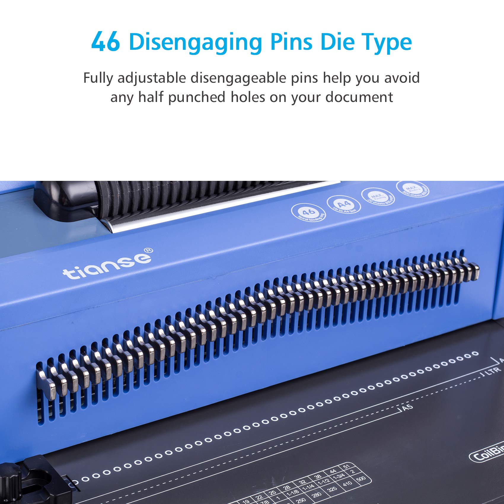 TIANSE Spiral Coil Binding Machine, Manual Book Maker Punch Binder with Electric Coil Inserter, Disengaging pins, Adjustable Side Margin, Comes with 100pcs 5/16'' Plastic Coil Binding Spines & Plier