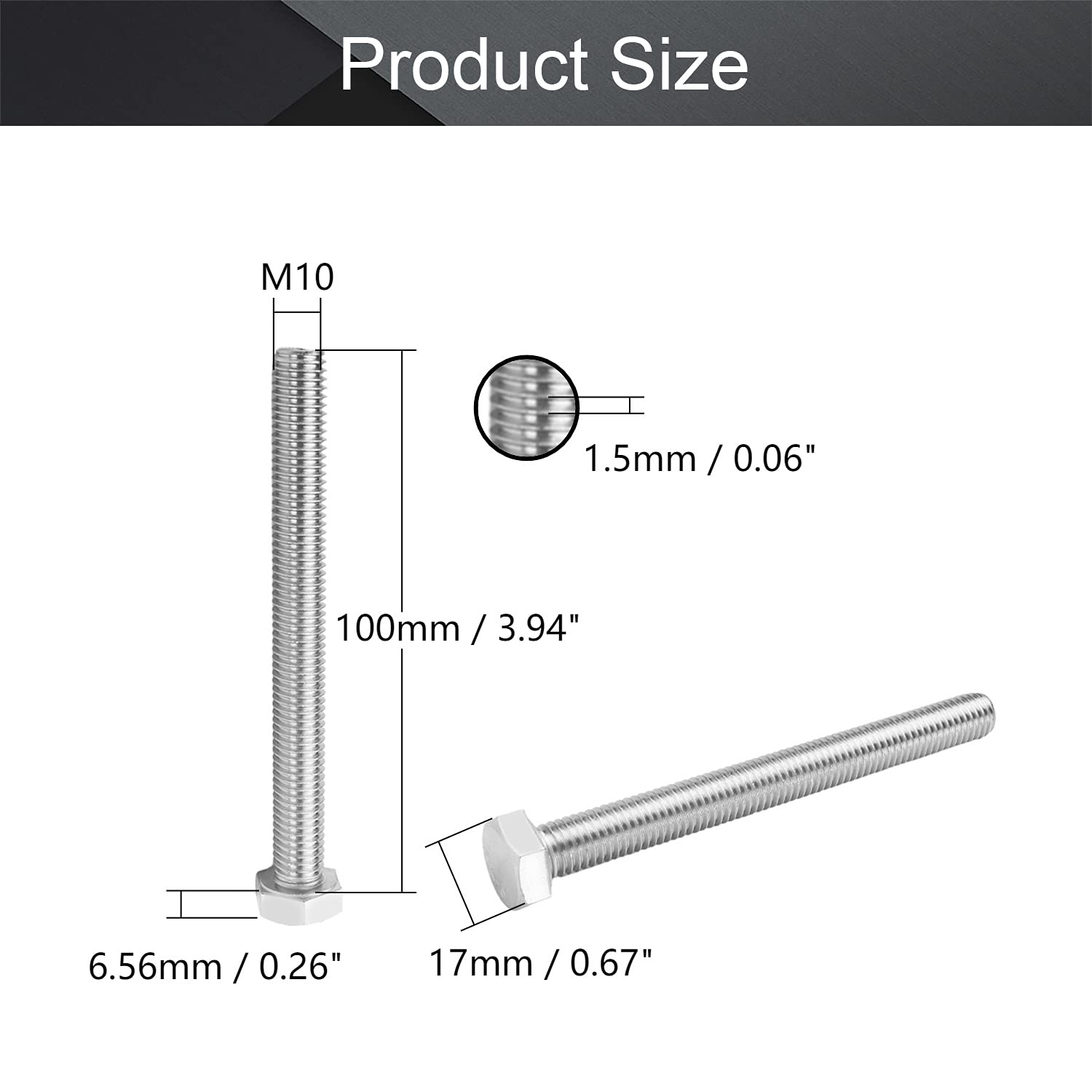 MroMax 4Pcs M10 x 100mm Hex Head Screws Bolts, 304 Stainless Steel 18-8, Fully Threaded, External Hex Drive, for Mounting Chair, Handles, Rail, Pump, Wheels, Antenna Parts, Boat and Plastic Bumpers