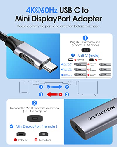 LENTION 4K@60Hz USB C to Mini DisplayPort Adapter,USB C Compatible 2023-2016 MacBook Pro,New iPad/Surface/Mac Air,Mini DP Connect Aging Apple Cinema Display,iMac, and More(CU609)