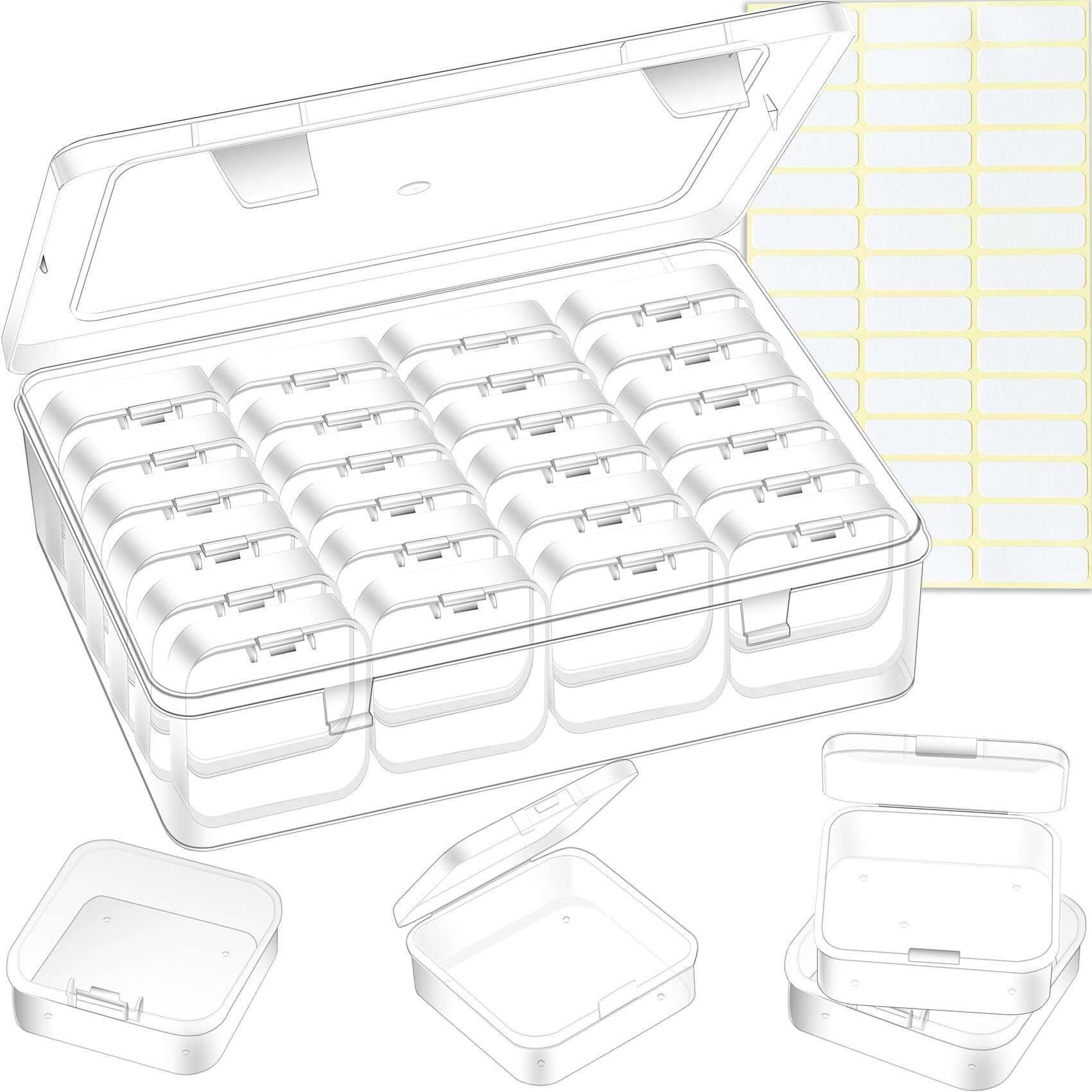 ZOQINI Bead Organizer Box, 28Pcs Small Clear Plastic Storage Containers, 1 Large Craft Organizer Box, 1 Sheet Label, Mini Parts Storage Solution for Beading Jewelry Making Diamond Arts Screws Seeds