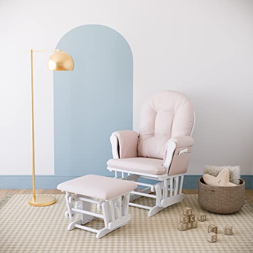Storkcraft Premium Hoop Glider and Ottoman (White Base, Pink Cushion) – Padded Cushions with Storage Pocket, Smooth Rocking Motion, Easy to Assemble, Solid Hardwood Base