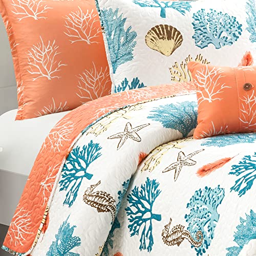 Lush Decor Coastal Reef Feather Reversible Quilt Set, 5 Piece Set, Twin/ Twin XL, Blue & Coral - Beach Bedding Set - Coastal Twinxl Quilt Sets - Tropical Beach House Decor For Kids Or Teen's Dorm Room
