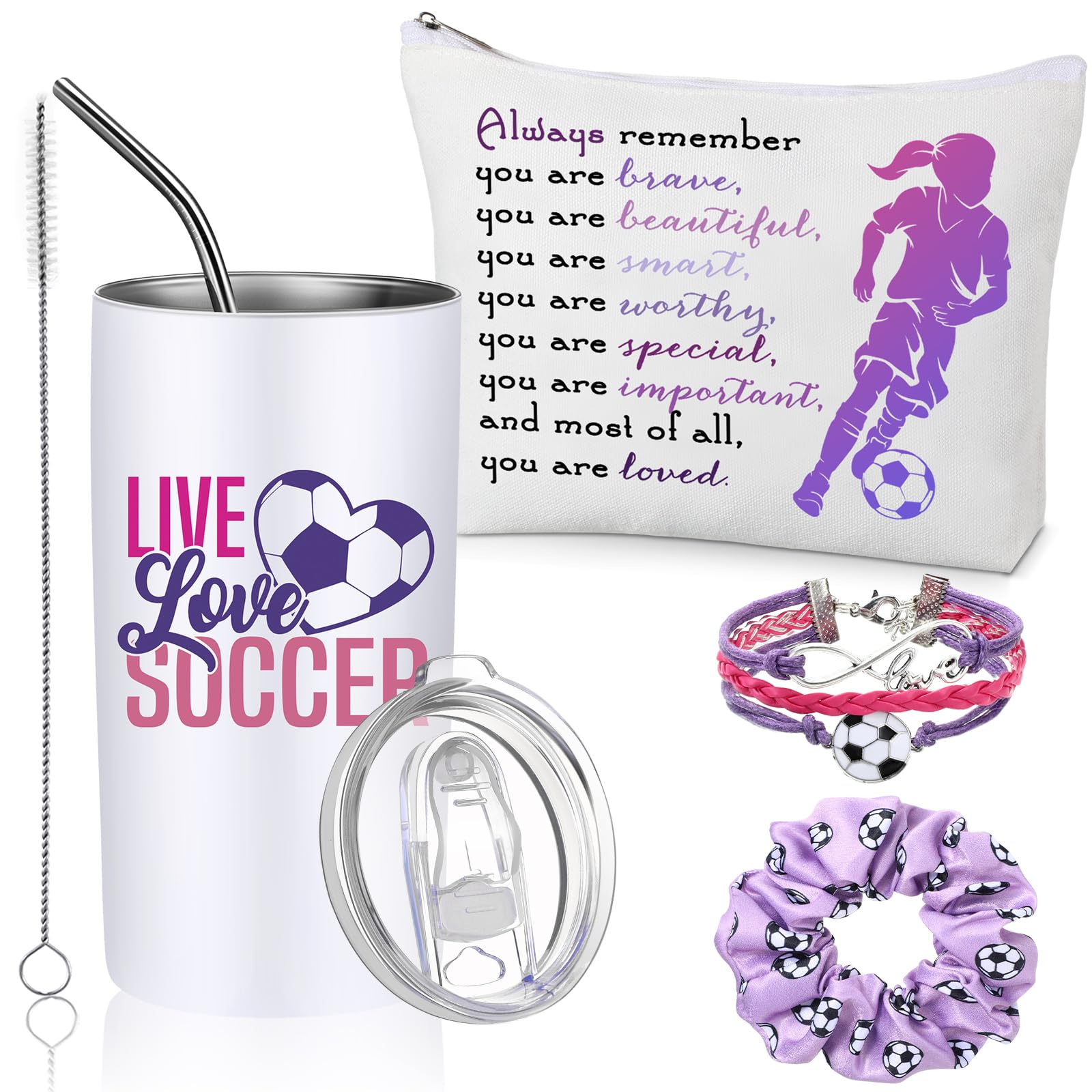 4 Pieces Girls Soccer Gifts Soccer Water Bottle Tumbler 14oz Soccer Zipper Gift Bags Pouch Soccer Bracelet Jewelry Soccer Scrunchies for Girls Graduation Soccer Gift