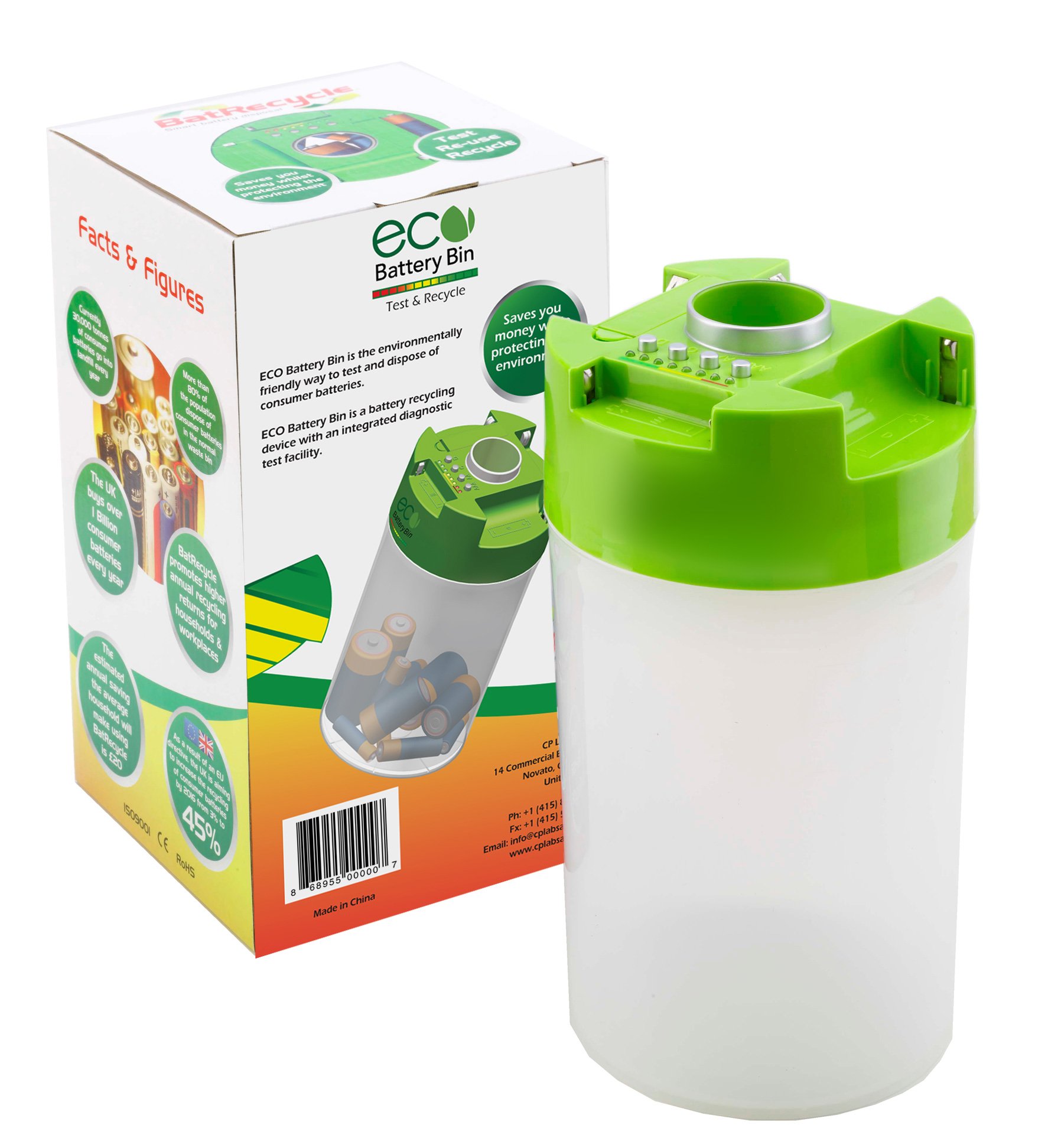 ECO Battery Bin - Test, Store & Recycle AA, AAA, C, D Batteries