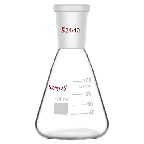 StonyLab Glass 24/40 Erlenmeyer Flask, Borosilicate Glass Heavy Wall Flask with 24/40 Standard Taper Outer Joint, 100ml