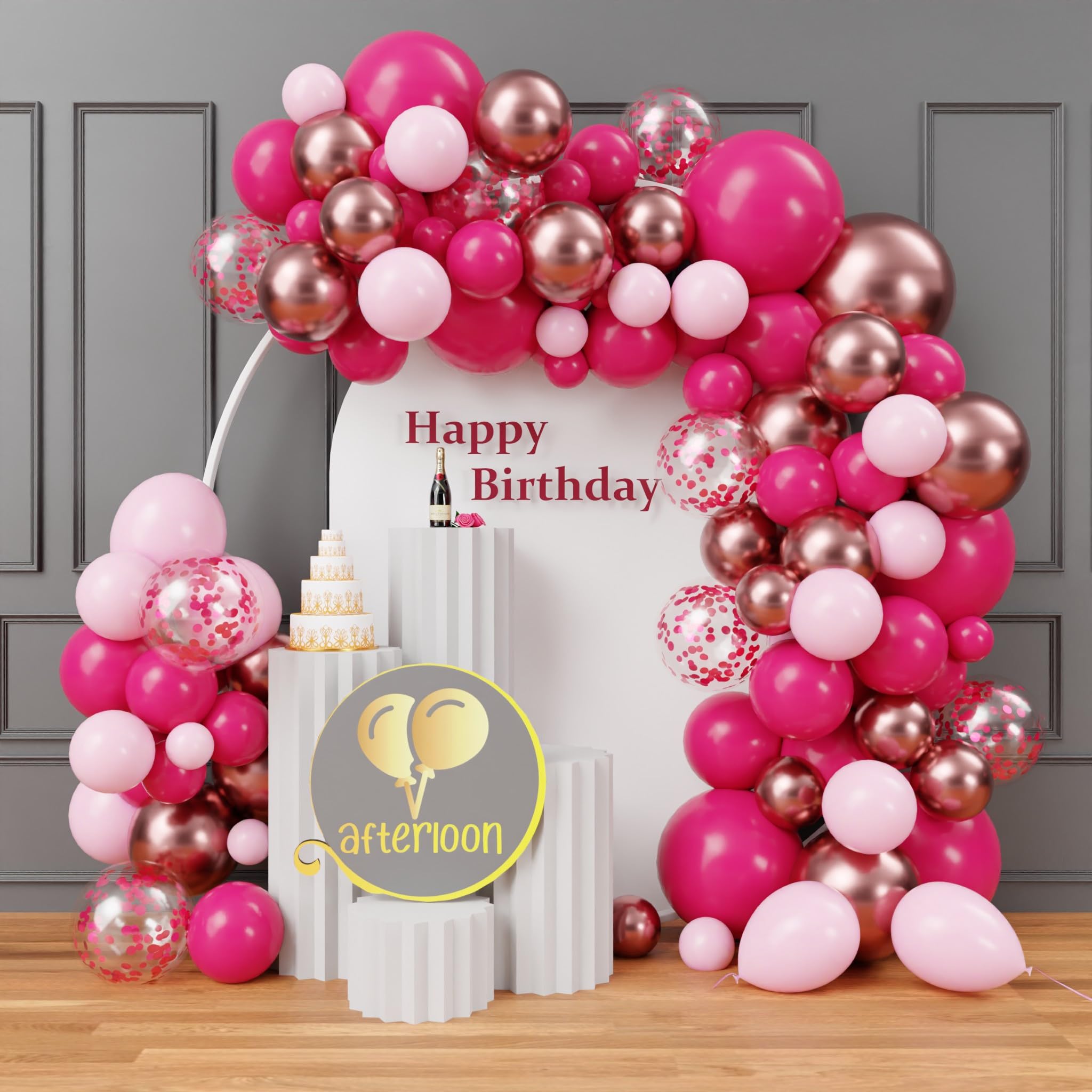 AFTERLOON® Biodegradable Balloons 146pcs Hot Pink Metallic Confetti Different Sizes 18" 12" 10" 5" Balloon Garland Arch Kit perfect for Birthday Party Decorations, Baby Shower, Wedding and Anniversary