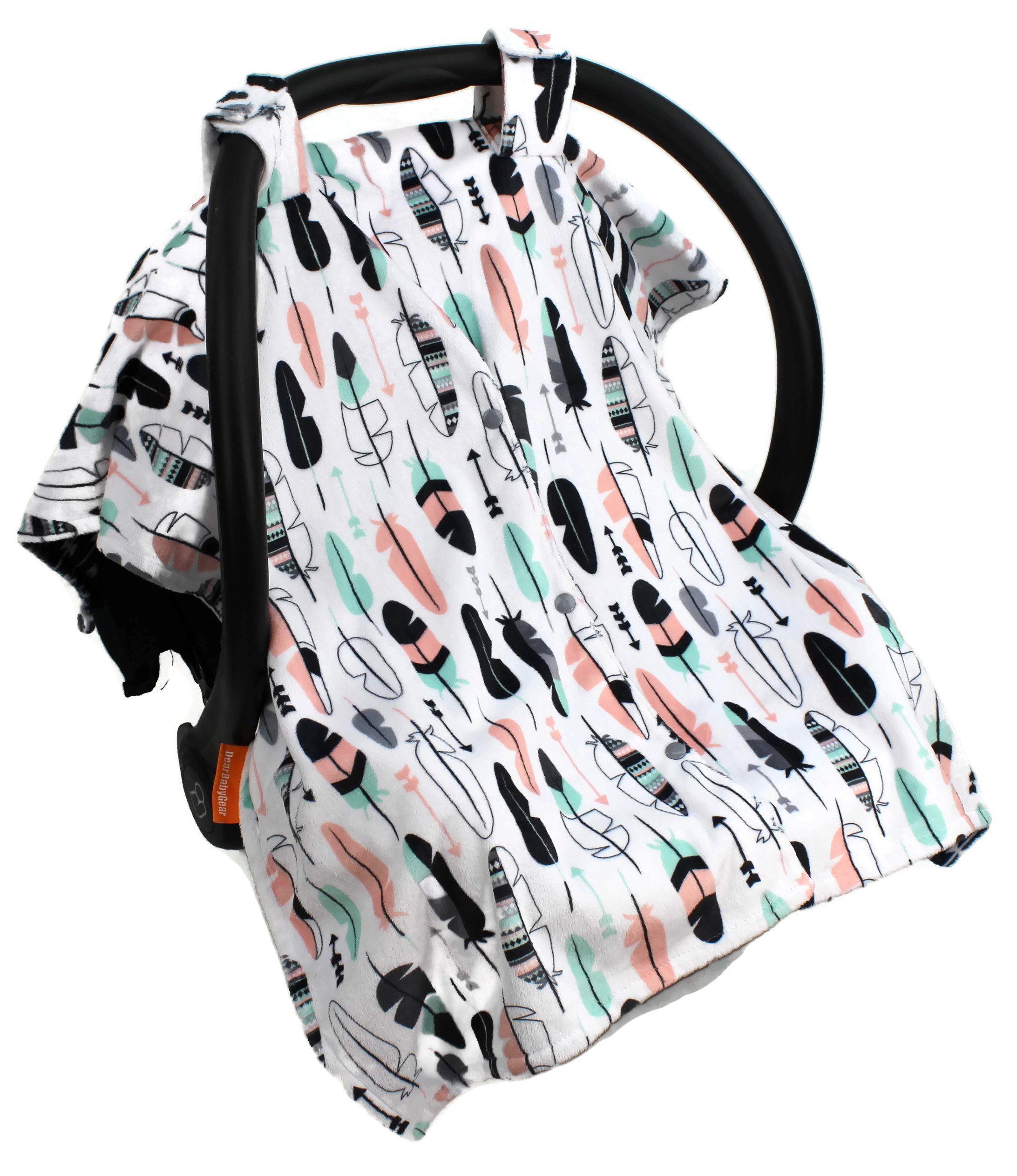 Dear Baby Gear Deluxe Reversible Car Seat Canopy, Custom Minky Print, Woodland Deer Quilt Feathers Pink Mint
