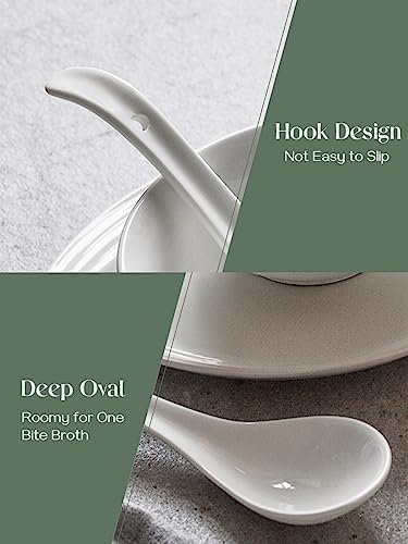 DOWAN Soup Spoons, Ceramic Chinese Soup Spoons, Asian Soup Spoons, White Japanese Spoon Large for Ramen Pho Wonton Dumpling Miso, Deep Oval Hook Design, Set of 6