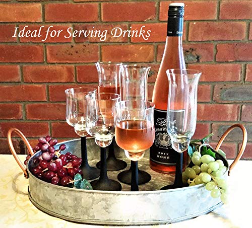 Galrose Rustic Galvanized Metal Serving Tray – Rose Gold Handles for Drinks Bar Table Centerpiece Sturdy Oval Decorative Serving Tray Platter. 6th Iron Anniversary Housewarming or Retirement Gift
