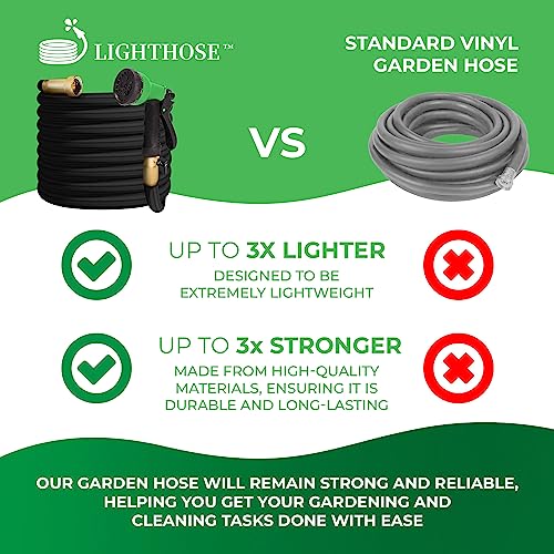 LightHose Garden Hose, NON-EXPANDABLE Garden Hose, Super Light Weight Hose, No Burst, 3/4 inch Solid Brass Connectors, 50 Ft, Black